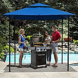 Verano Garden Grill Gazebo 8'L X 5'W with Double Tiered Outdoor BBQ Soft Top Canopy, Outdoor Grill Shelter with Side Metal Shelves for Patio and Outdoor Backyard ,Blue