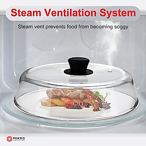 Glass Microwave splatter cover for food plate - Sturdy Borosilicate glass splatter guard with vent hole - 100% Food Safe BPA free Easy Grip Silicone Knob and Dishwasher safe - 10.5in