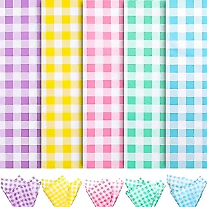 Whaline 100 Sheets Spring Pastel Tissue Paper Folded Flat Buffalo Plaid Wrapping Paper Purple Yellow Pink Green Blue Gift Tissue Paper for Home DIY Gift Bags Summer Easter Birthday Decor, 14 x 20inch