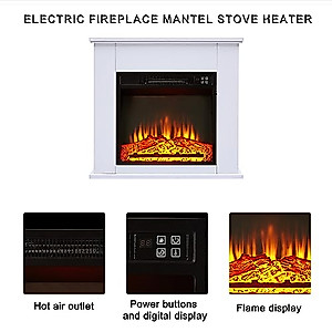 25 Inch 1400W Electric Fireplace Mantel Stove Heater, Portable Freestanding Space Heater with Overheating Safety Protection, Remote Control and Realistic Flames for Indoor & Outdoor（White）