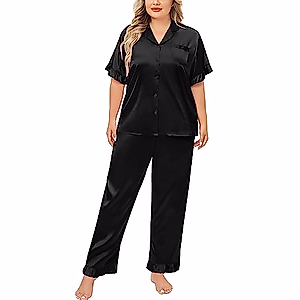 SWOMOG Womens Satin Plus Size Pajamas Silk Short Sleeve Pjs Sets Button Up Pajama with Ruffle Soft Loungewear Wedding PJs Black