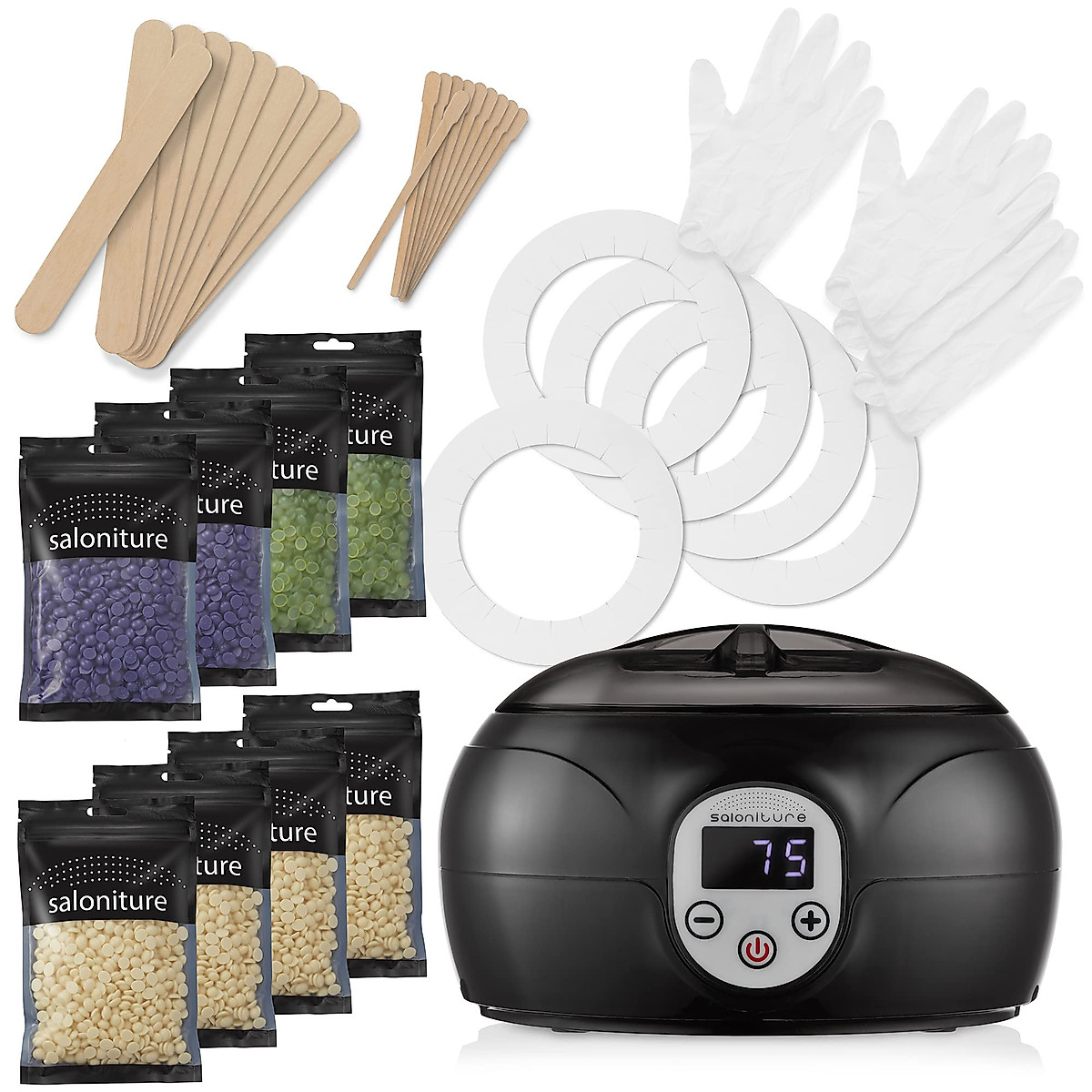 Saloniture Home Waxing Kit Wax Warmer Machine for Hair Removal with Digital Display - Black with Black Lid