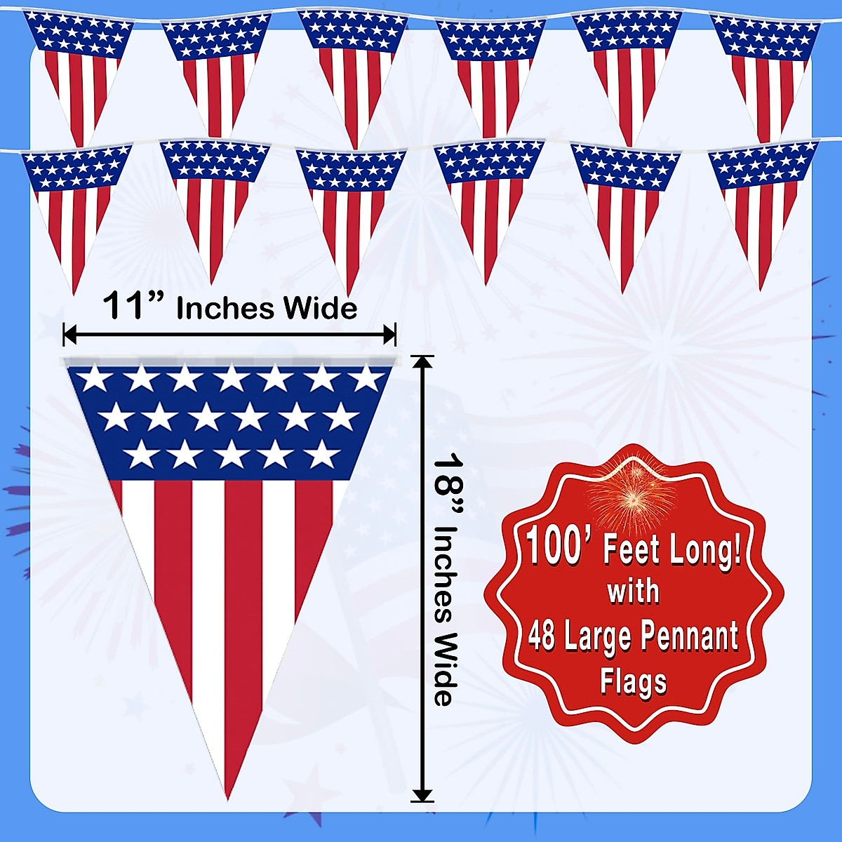 USA Flag Pennant Banner | 100’ FT. Long American String Flags | 18” Inch Tall Triangle Flag Decorations USA Party | Stars and Stripes Bunting Garland | 4th of July Patriotic Decoration | BASHOUT