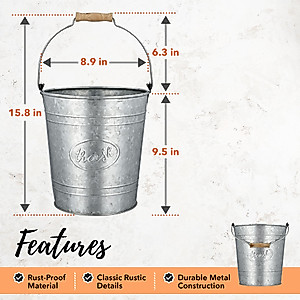 Autumn Alley Farmhouse 2 Pack Bathroom Trash Can - Rustic Galvanized Trash Can Bucket with Wooden Grip for Rustic Bathroom, Farmhouse Kitchen, Country Home Décor, 7 Liter, Galvanized Grey