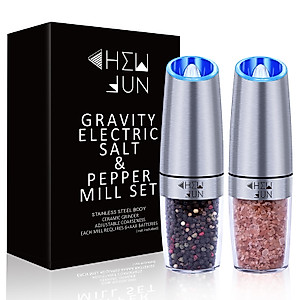 Gravity Salt and Pepper Grinder Set with Adjustable Coarseness Automatic Pepper and Salt Mill Set Battery Powered with Blue LED Light,One Hand Operated,Brushed Stainless Steel by CHEW FUN