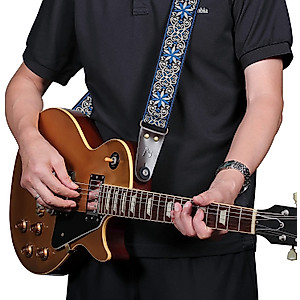 Guitar Strap, Vintage Embroidered Cotton Guitar Straps with Genuine Leather Ends for Bass, Electric & Acoustic Guitars, Come with Free Strap Button, 1 Pair Strap Locks and 4 Guitar Picks (Blue Flower)