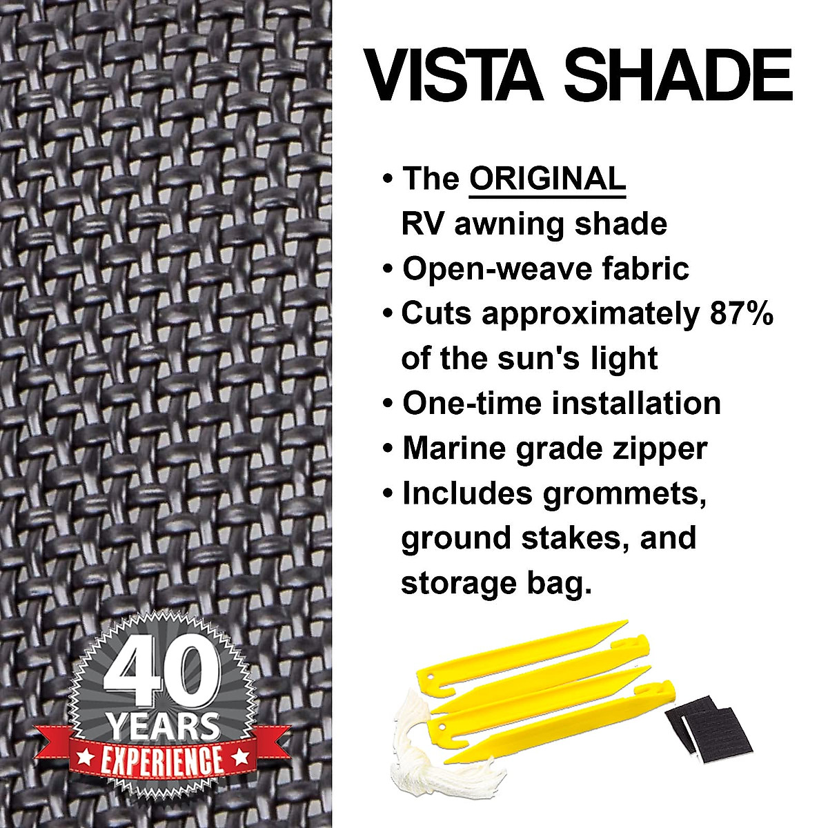 ShadePro - Vista Shade - RV Awning Shade Screen - Zipper Sun Screen Installs in Seconds - Solar Mesh Blocks 87% of Sunlight - The Original Camper Sunscreen Shade for Awnings - 17' x 8' - Black