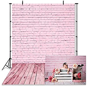 Mocsicka Pink Brick Wall with Wood Floor Photography Backdrop 5x7ft Vinyl Newborn Baby Photoshoot Children Kids Potrait Background Photo Booth Studio Props