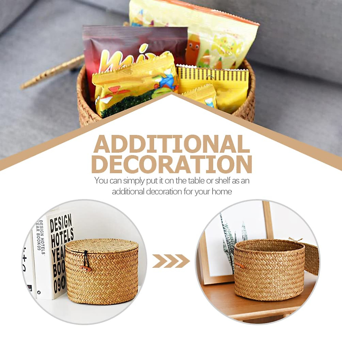 STOBAZA Wicker Storage Basket Round Storage Basket Desktop Sundries Organizer Lidded Basket Bin Gifts Basket Snacks Candy Container Toilet Paper Roll Box for Home Office Bedroom Centerpiece Tray