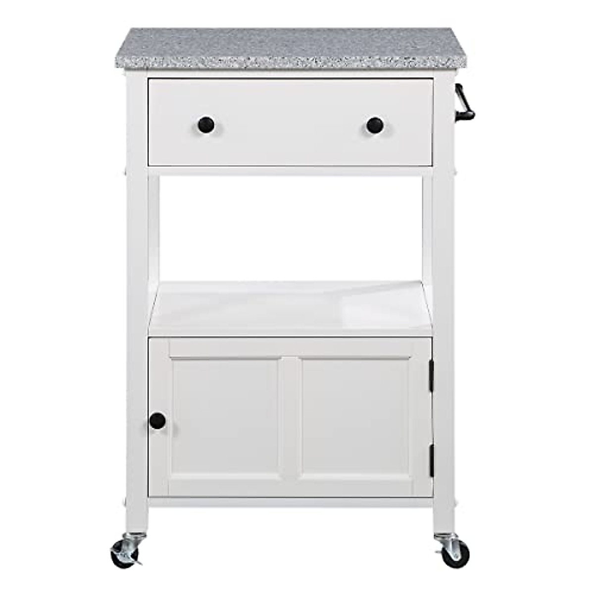 OS Home and Office Furniture Fairfax Model FRXG-11 White Kitchen Cart with Doors, Towel Rack, and Drawer