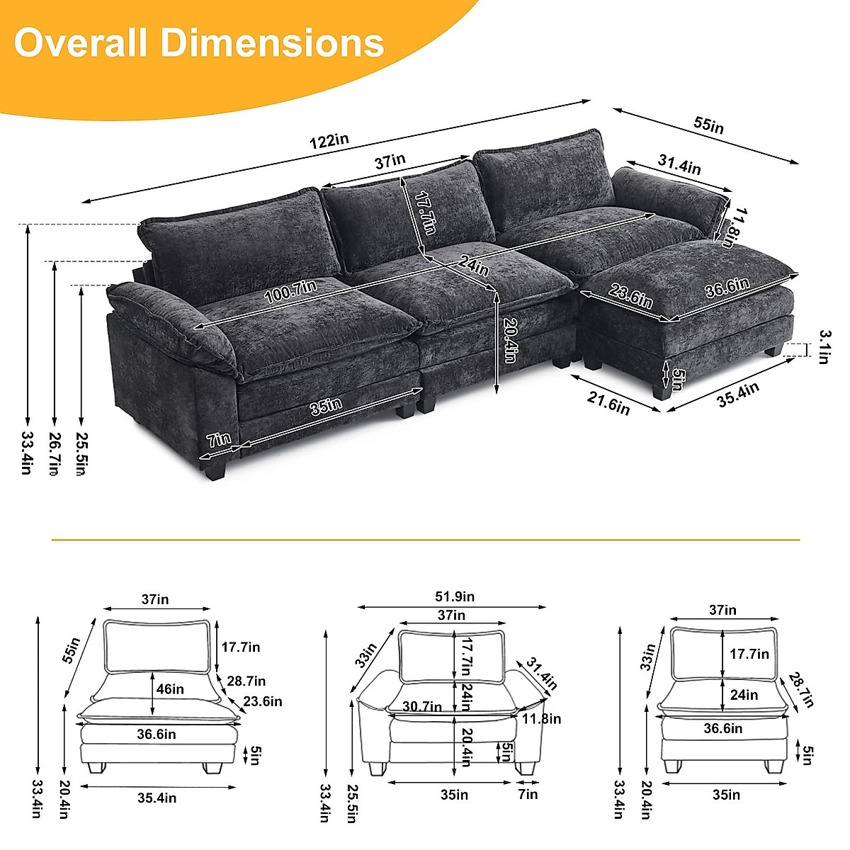 Karl home Sectional Sofa Modular Deep 3-Seat Sofa Couch with Ottoman, Chenille Sofa Sleeper Comfy Upholstered Furniture for Living Room, Apartment, Studio, Office, Black