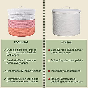 Eco-living Recycled Cotton Rope Basket with Lid,Woven Baskets for Storage of Blankets, Baby Toys, Laundry, towels,Nursery & Living Room Organizer,Eco-friendly & Decorative Basket, Pink & White
