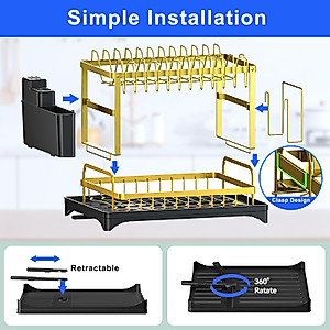 IBEDMAZIE Dish Drying Rack Gold, Multifunctional Dish Racks for Kitchen Counter with Drainboard 2 Tier Dish Drainer Large Capacity for Dish/Knifes/Cup/Cutting Board