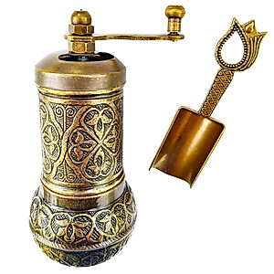 BestChoice Pepper Salt Coffee Grinder - 3 in One - Turkish Coffee Mill - with Spice Shovel Spoon - Salt Shaker - Zinc Alloy Casting Best Carving Metal - Adjustable Coarseness - Bronze Color Design