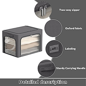 3Pack Clothes Storage Bins - Oxford Frame Storage Box Foldable Stackable Storage Organizer with 3 Openings Design, Metal Frame, Clear Window, Carry Handles (66L-19.7 * 15.7 * 13, Dark Gray)