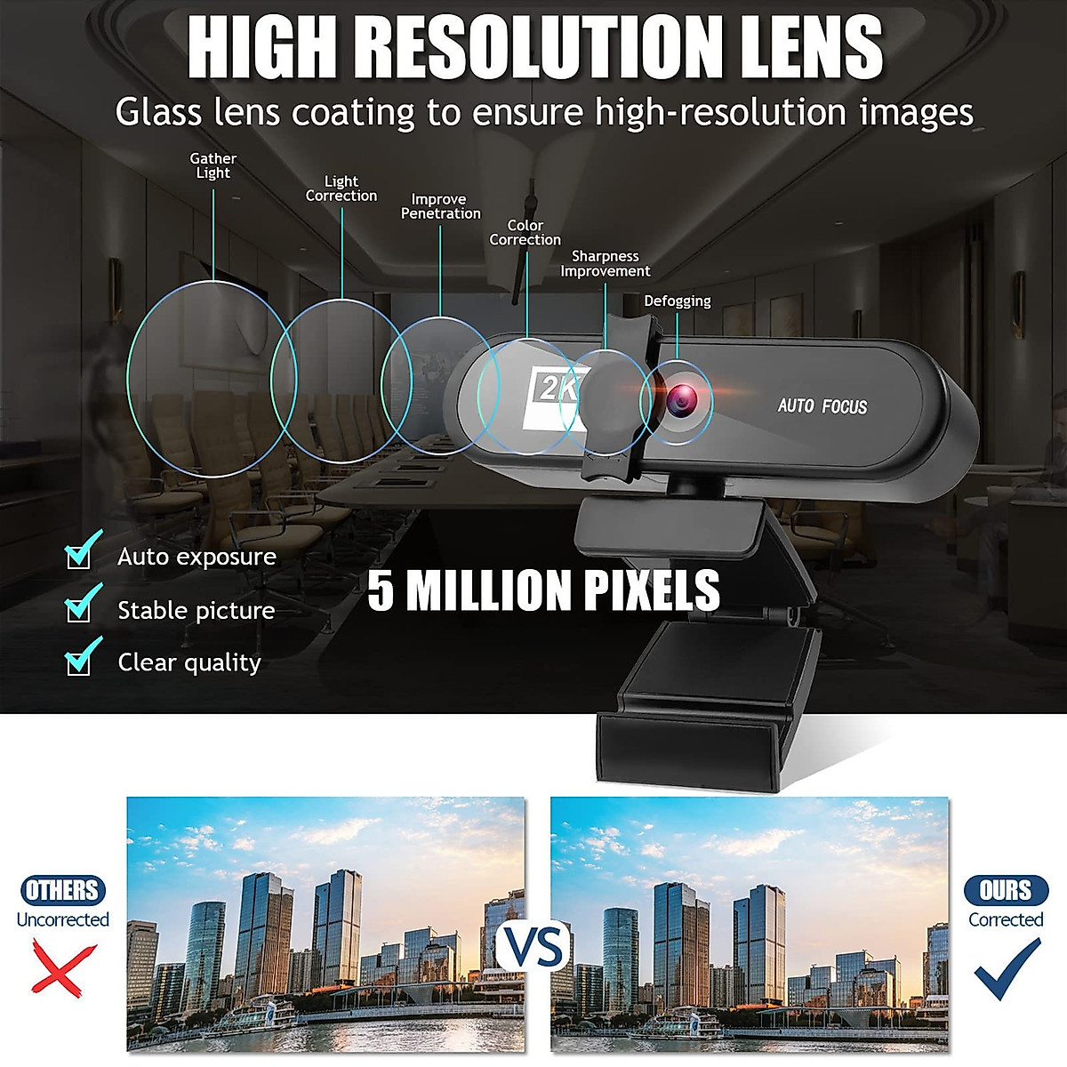 1 Set Webcam USB 4K HD-compatible with Privacy Cover, Webcam with Microphone, 360 Degree Rotation Web Cam, Video Calling Computer Camera A