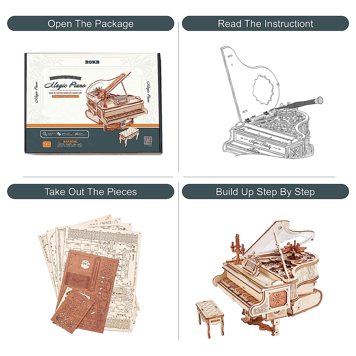 ROKR 3D Wooden Puzzles for Adults 223pcs Piano Model Kit 1:20 Scale Building Puzzles Wooden Music Box Unique Gift for Men Women Hobbies for Birthday Christmas