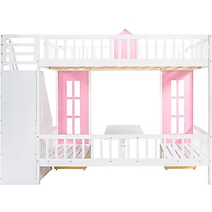 MERITLINE Full Loft Beds with Stairs and Desk, Wooden Castle Shaped Full Over Full Bunk Bed with Changeable Desk,Storage Bunk Bed with Drawers for Kids Girls Boys Teens, Pink