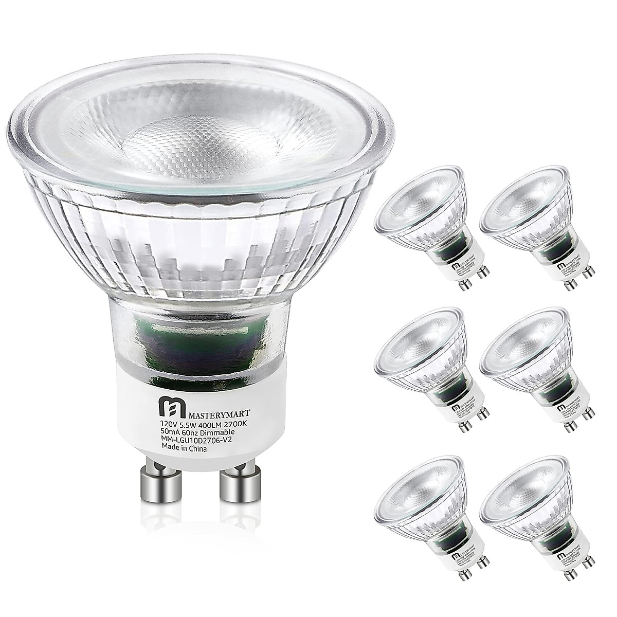 MASTERY MART LED GU10 Spotlight Light Bulbs, 50 Watt Equivalent, 5.5W Dimmable, Full Glass Cover Reflector, 2700K Soft White, 25000 Hours, UL Listed, Energy Star Certified (Pack of 6)