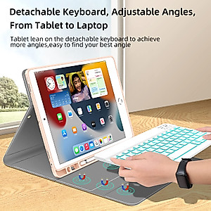 Backlit Keyboard Case for iPad 10.2 9th 8th 7th Generation - Wireless Detachable Keyboard Thin Slim Smart Folio Stand Tablet Cover Case for iPad 10.2 Inch/iPad Air 10.5"(3rd Gen)/iPad Pro 10.5", Pink