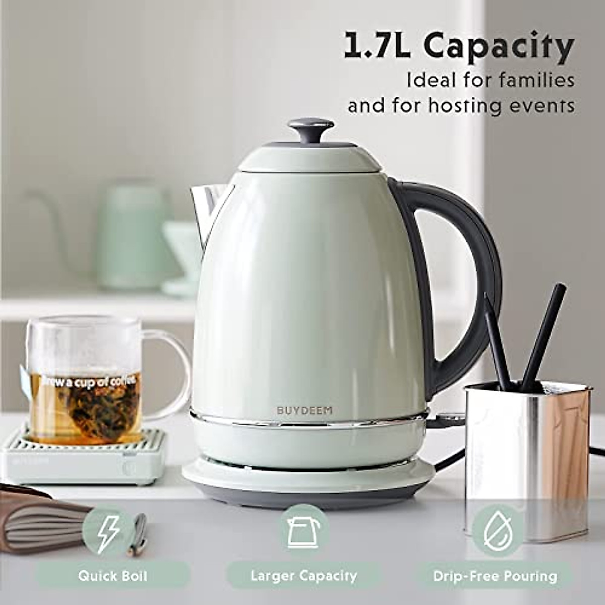 BUYDEEM K640 Stainless Steel Electric Tea Kettle with Auto Shut-Off and Boil Dry Protection, 1.7 Liter Cordless Hot Water Boiler with Swivel Base, 1440W, Cozy Greenish