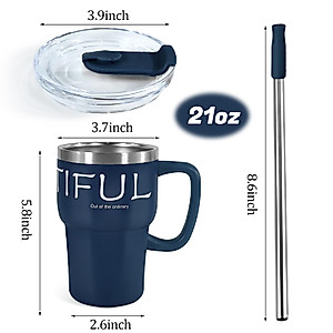 21 oz Insulated Coffee Mug Tumbler with Handle, Stainless Steel Travel Mug Tumbler with Lid and Straw, Coffee Travel Mug Spill Proof with Lid for Keep Hot/Ice Coffee, Blue