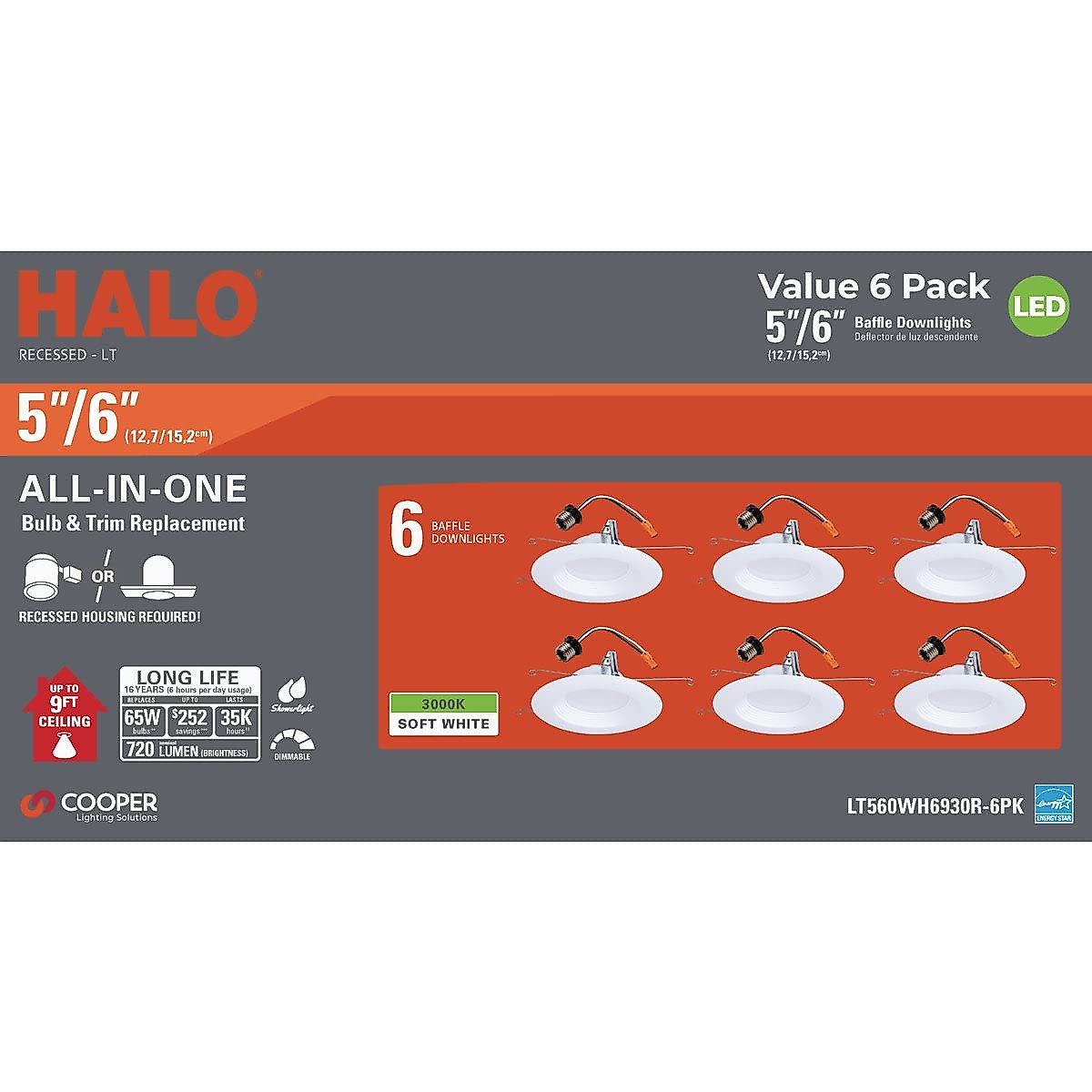 HALO 6 inch Recessed LED Can Light – Retrofit Ceiling & Shower Downlight – 3000K - Baffle White Trim (6 Pack)
