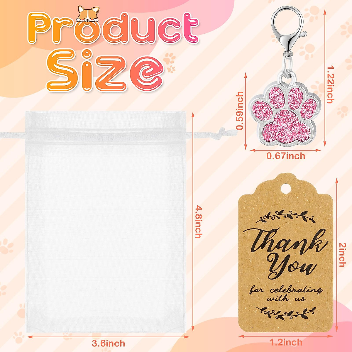 Ecation Dog Paw Party Favors Set Include Dog Keychain Organza Bags Thank You Kraft Tags Puppy Party Decorations for Birthday Party Decorations Reward Supplies(148 Pcs)