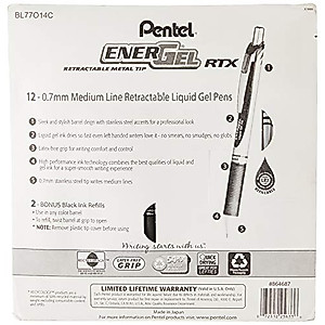 Pentel EnerGel RTX Retractable Metal Tip Pen, 0.7mm, 9 Black Ink, 3 Blue Ink with 2 Refills (BL77O14C)