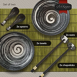 Japanese Ramen Bowl Set (8 pcs, ceramic) with chopsticks, spoons, large 8 inches diameter, 32 oz (1 quart) | microwavable | Pho Bowls Noodle Soup Bowl Asian Rice Bowl