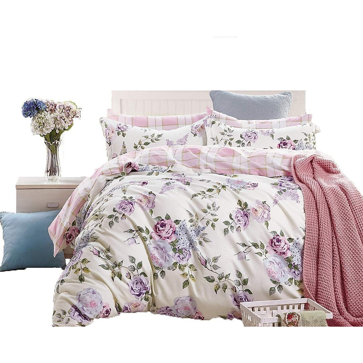 Swanson Beddings Pink-Purple Roses 5-Piece 100% Cotton Bedding Set: Duvet Cover, Two Pillowcases and Two Pillow Shams (King)