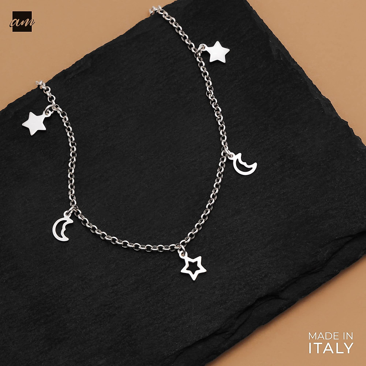 Amberta Women 925 Sterling Silver Anklet with Charms: Ankle Bracelet with Moons and Stars - 22 + 4 cm