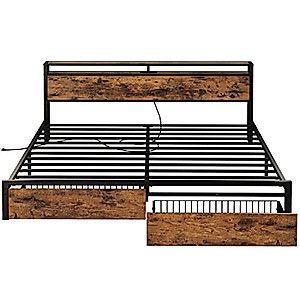LIKIMIO King Bed Frame with Storage Headboard, Platform Bed with Drawers and Charging Station, No Box Spring Needed, Easy Assembly, Vintage Brown