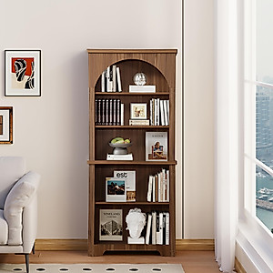 FurSch 71" Tall Arched Book Shelf,Walnut 5 Tier Wooden Arched Bookshelf,Arched Storage Cabinet Pantry for Living Room,Bedroom
