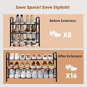 3-Tier Expandable Shoe Rack, Adjustable Metal Shoe Rack for Front Door Metal Black Free Standing Shoe Storage Organizer for Small Space Entryway Garage Hallway Bedroom Easy to Assemble, Black