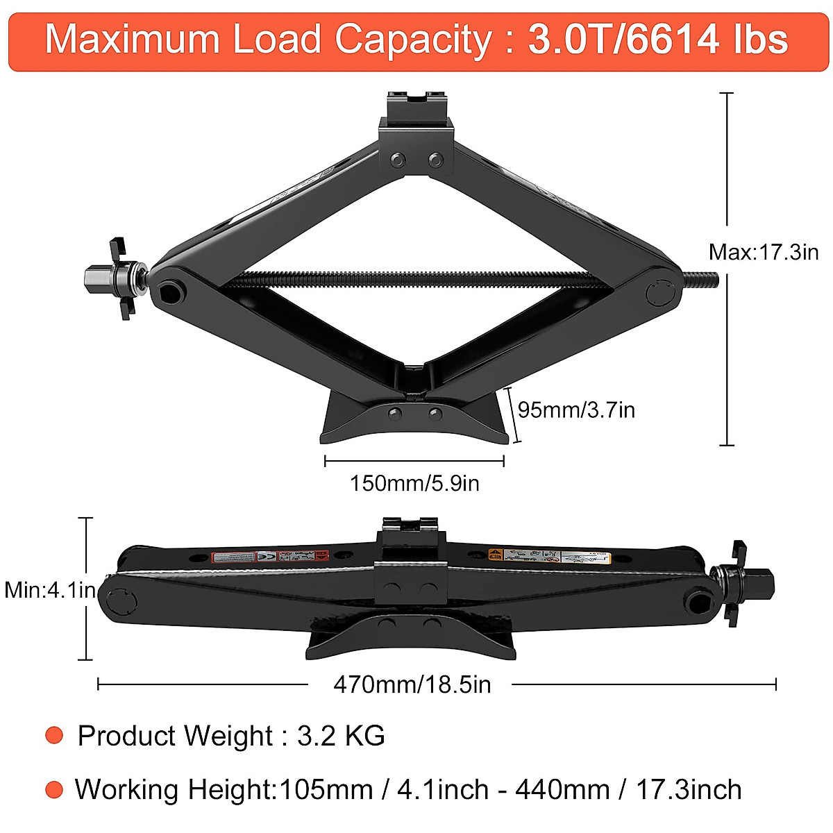 IMAYCC Scissor Jack for Car/SUV/MPV - Heavy Duty 3.0 Ton (6614 lbs) Car Jack kit with Hand Crank Trolley Lifter, Portable Emergency Tire Change kit with Wheel Wrench.