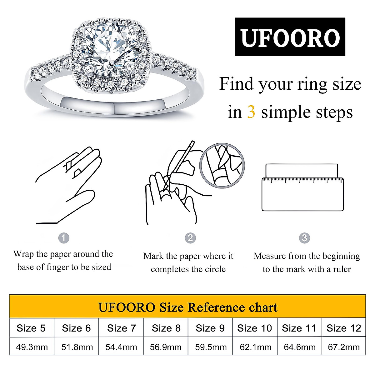 UFOORO CZ Fake Engagement Rings Solitaire Crystal Women's Engagement Rings Cubic Zirconia Wedding Band Gift Fake Diamond Rings(White-W, 7)
