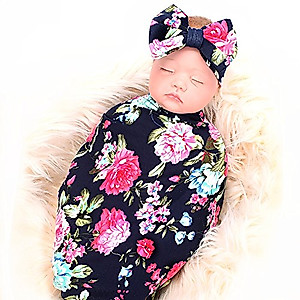 Galabloomer Receiving Blanket Headband Set Flower Print Baby Swaddle Receiving Blankets… (Navy Blue Rose)