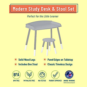 Wildkin Kids Modern Study Desk and Stool Set for Boys and Girls, Includes One Matching Stool, Classic Timeless Design Features Panel Edges on Tabletop and Solid Wood Legs (Gray w/White)