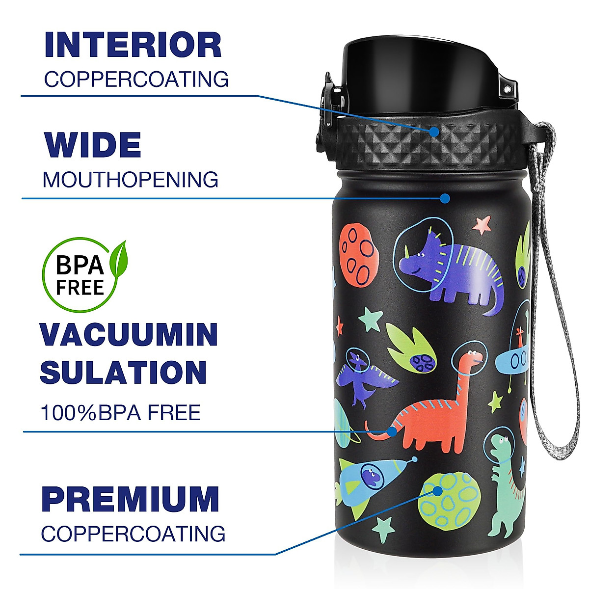 GOPPUS Kids Insulated Water Bottle - 14 Oz BPA Free 18/8 Stainless Steel Travel Bottle with Straw Water Bottle with Double Wall Vacuum Leak Proof Kids Cup for School Boys Girls, Space dinosaur