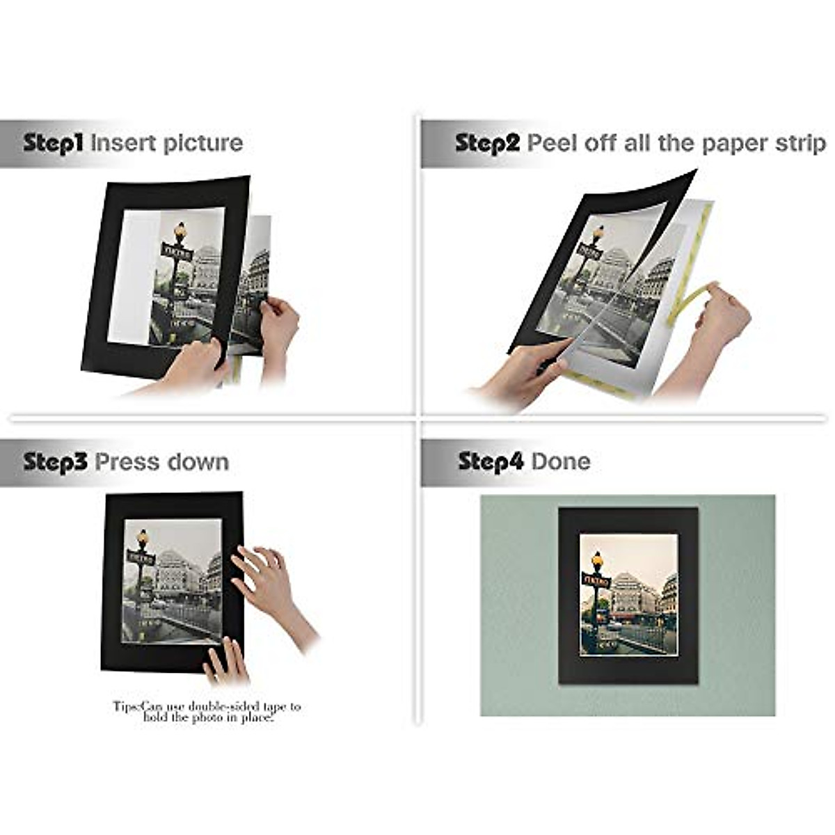Golden State Art, 10 Pack Self Assemble Acid Free Cardboard/Paper Frames Photo Mat with Backing Board pre-gummed for Artworks, Prints, Photos, Includes Clear Bags (Black, 11x14 Mat for 8x10 Picture)