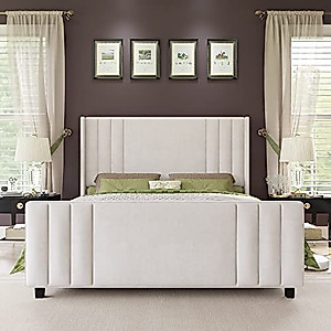 Amerlife Queen Size Bed Frame, Velvet Upholstered Platform Bed with Vertical Channel Tufted Headboard & Footboard/Wingback, Mattress Foundation with Wood Slats, No Box Spring Needed, Cream