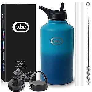 vbv Insulated Water Bottle - 64 Oz, 3 Lids (Straw Lid), Half Gallon Large Metal Stainless Steel Water Jug, Big Double Wall Vacuum Flask, Leakproof Keep Cold & Hot for Sports and Travel
