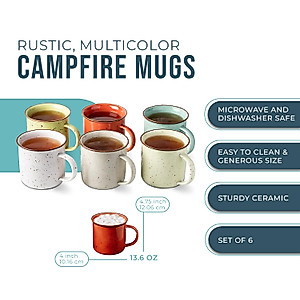 Speckled Campfire Style Mugs - Set of 6-14 oz - Cozy Colors -Coffee Cups - Camping Coffee Mugs - Ceramic | Enamel - Use for Tea/Hot Drinks
