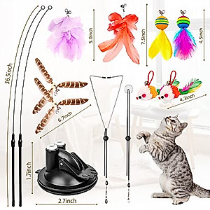 HOSFROLL Cat Toys Wand, Interactive Cat Toy with Super Suction Cup Sticky Detachable 12 PCS Feather Replacements 2 Wands Cat Spring Feather Toys for Indoor Cats Kitten Toys (8 Toys Double Headed)