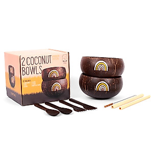 Coconut Bowls Set of 2 – Rainbow Design Wooden Bowls With Bamboo Straws, Wooden Forks & 2 Spoons – Natural Hand Carved Coconut Shell Bowl… (2, Rainbow)