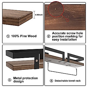 Benlang Floating Shelves Wall Mounted Set of 2,24 Inch Farmhouse Shelves Bathroom Shelves with Towel Bar, Wall Decor Wood Shelves for Kitchen,Bedroom,Office,Living Room,Laundry Room,Rustic Brown