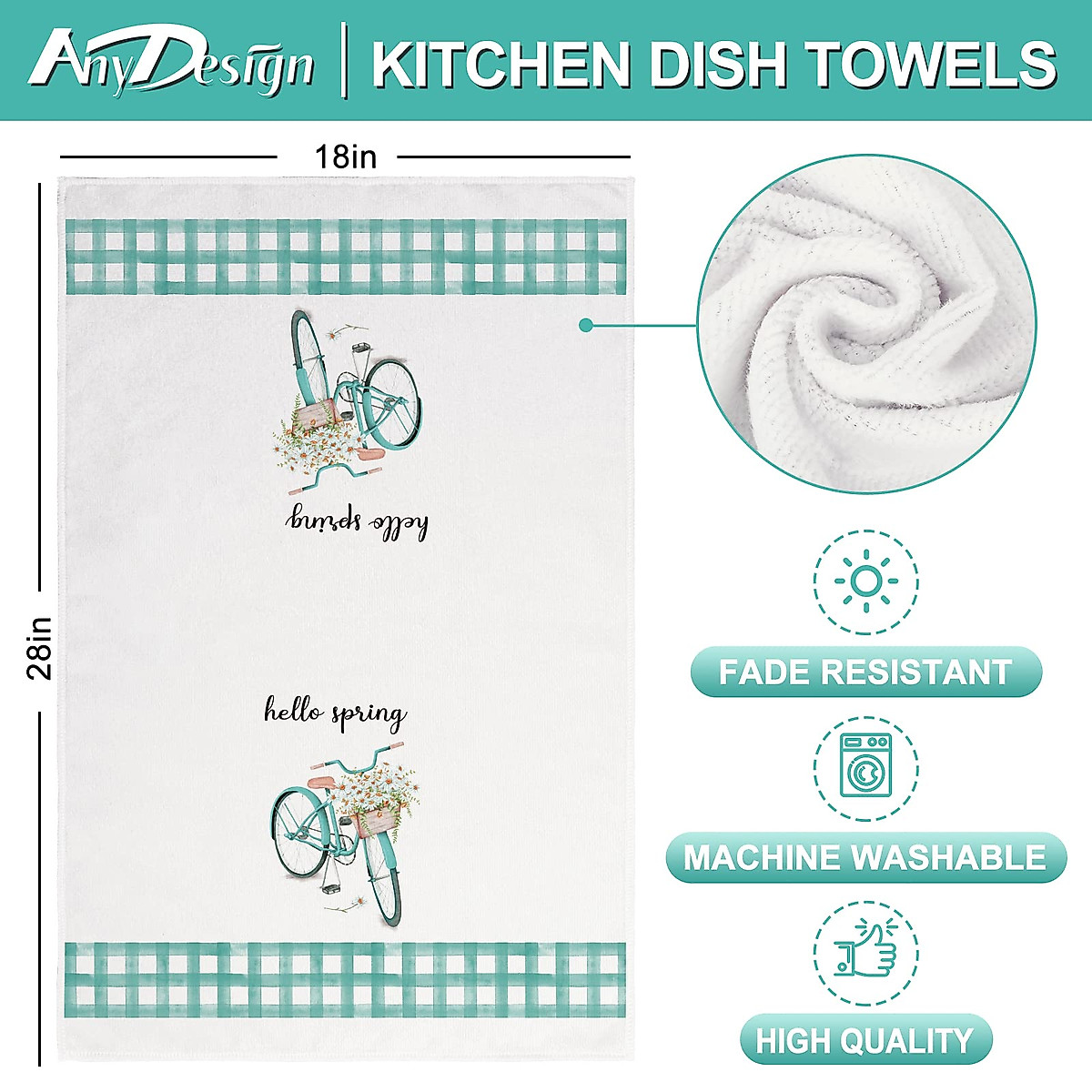 AnyDesign Easter Kitchen Towel Watercolor Easter Bunny Rabbit Truck Bicycle Dish Towel Blue White Plaids Spring Hand Drying Tea Towel for Cooking Baking Cleaning Wipes, Set of 4, 18 x 28 Inch