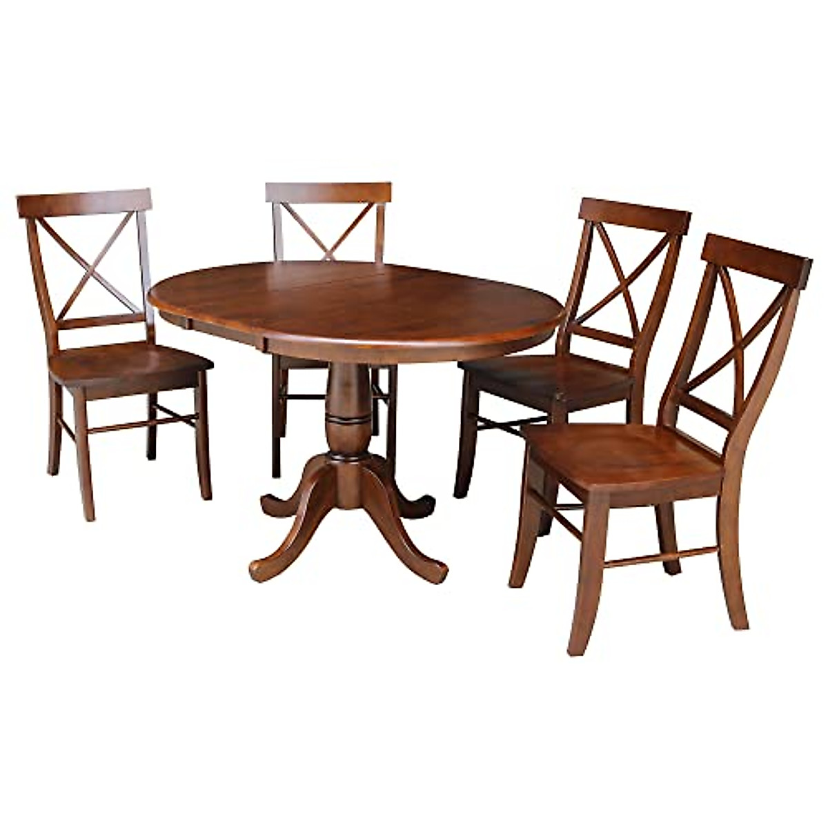 International Concepts 36" Round Top Pedestal Ext Table With 12" Leaf And 4 X-Back Chairs, Espresso