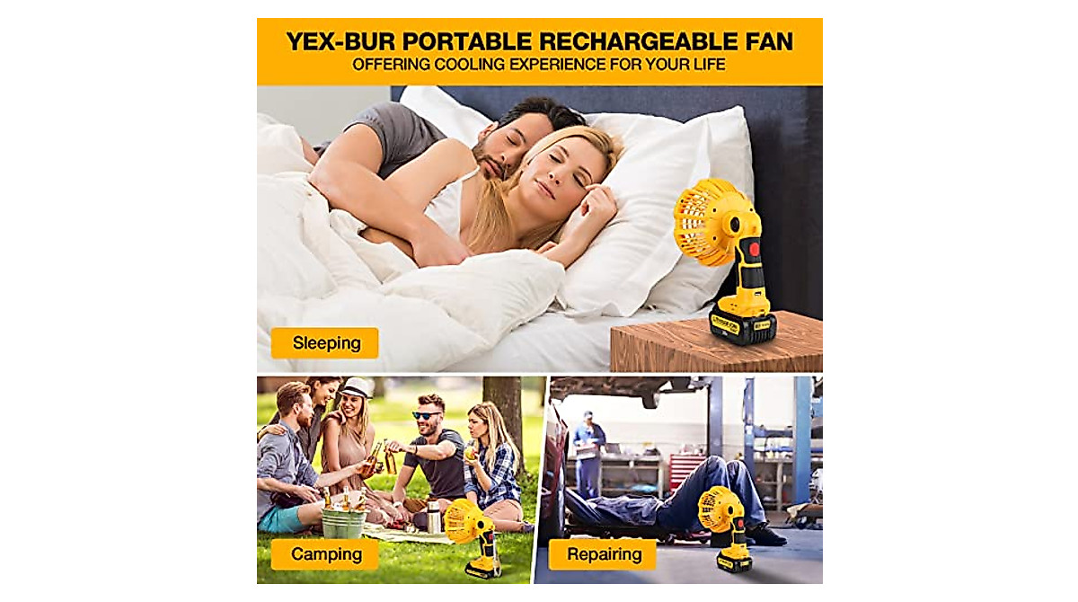 YEX-BUR Outdoor Camping Fan with LED Lantern Powered by Dewalt 14.4V ...